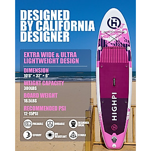 Highpi Inflatable Stand Up Paddle Boards, 10'6''x32''x6'' SUP with Accessories Backpack Anti-Slip Deck, Leash, Paddle and Hand Pump, Pink Paddle Board Standing Boat for Youth & Adult