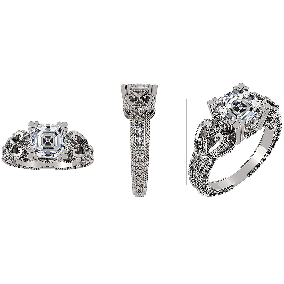 Central Diamond Center Asscher Cut Engagement Ring, Pure Brilliance Cubic Zirconia, Vintage Look - Platinum Plated - Size 9