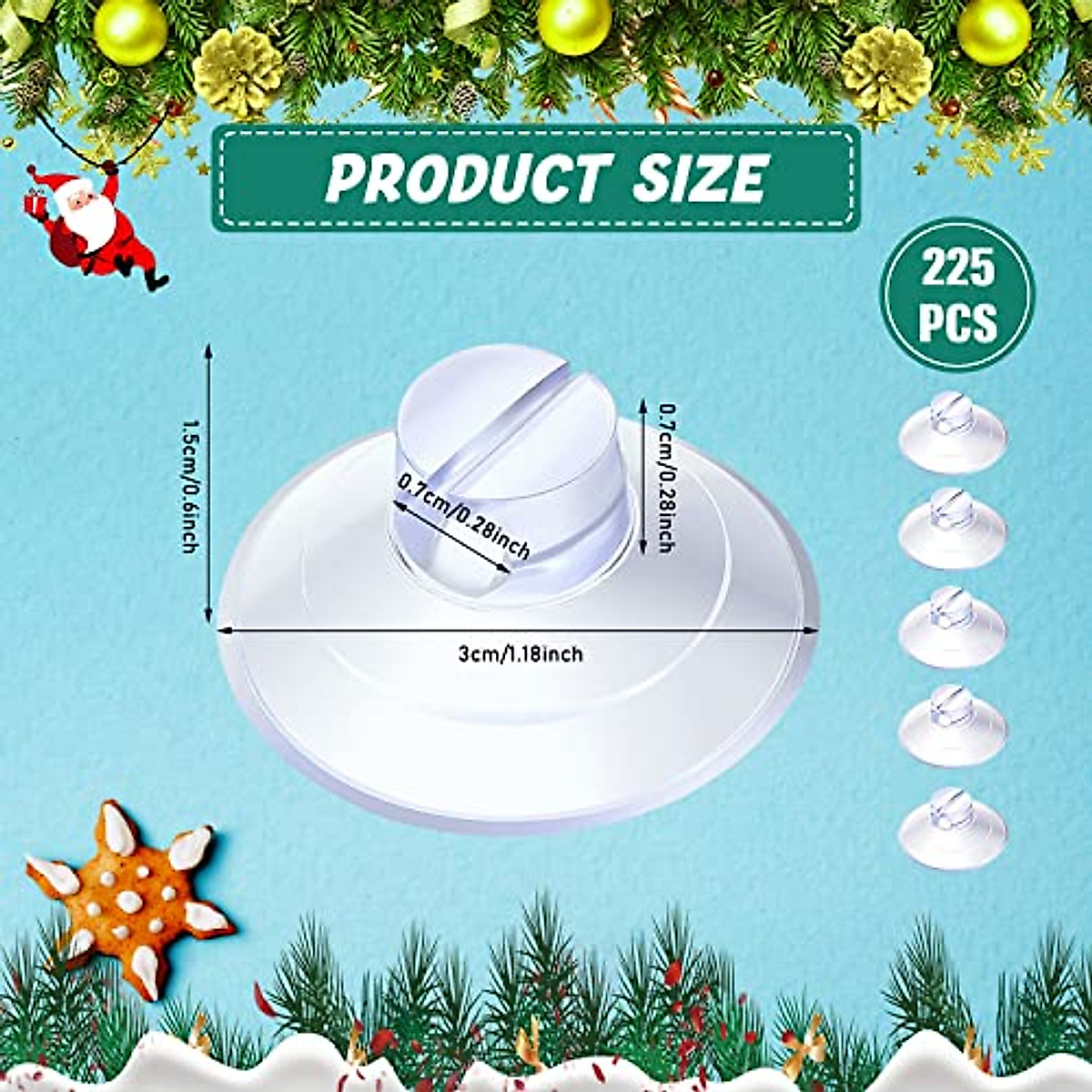 Sieral 225 Pcs Christmas Light Suction Cups String Cup Hook Shower Caddy Connectors Heavy Strength Duty Mini Clear Plastic Transparent Window with