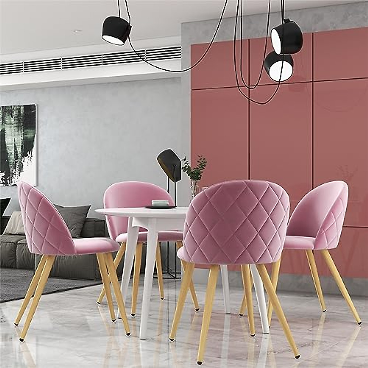 Fangflower Pink Velvet Dining Chairs Set of 2 with Wooden-Like Legs, Upholstered Side Vanity Armless Seat for Living, Makeup Room, Bedrooms, Kitchen, Standard