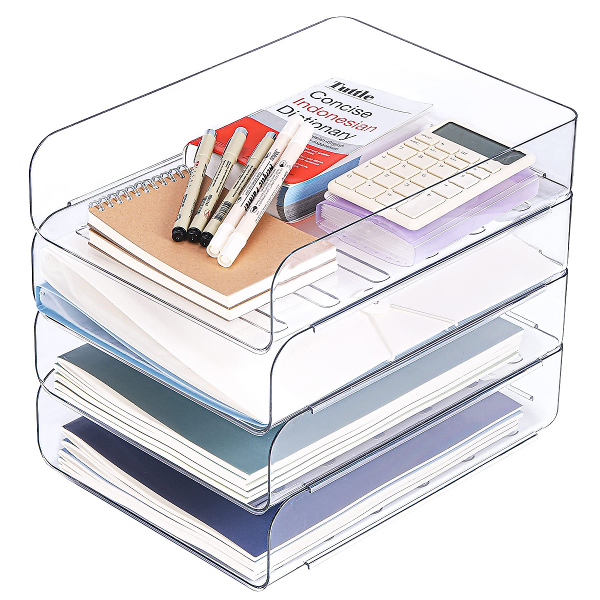 CiWiVOKi Set of 4 Office Organization and Storage, Clear PET Letter Tray Desk Organizer, Stackable Paper Tray Organizer for Desk Accessories, Notes, Pens, File Paper, Document