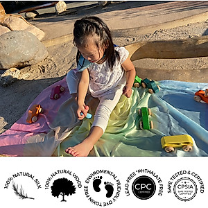 Avery & Ruth Waldorf Toys Rainbow Car Set - 70” x 35” Silk Scarf for kids to play- 7 Handmade Wooden Car - 3 Peg Dolls - Montessori Rainbow Toy - 100% Silk