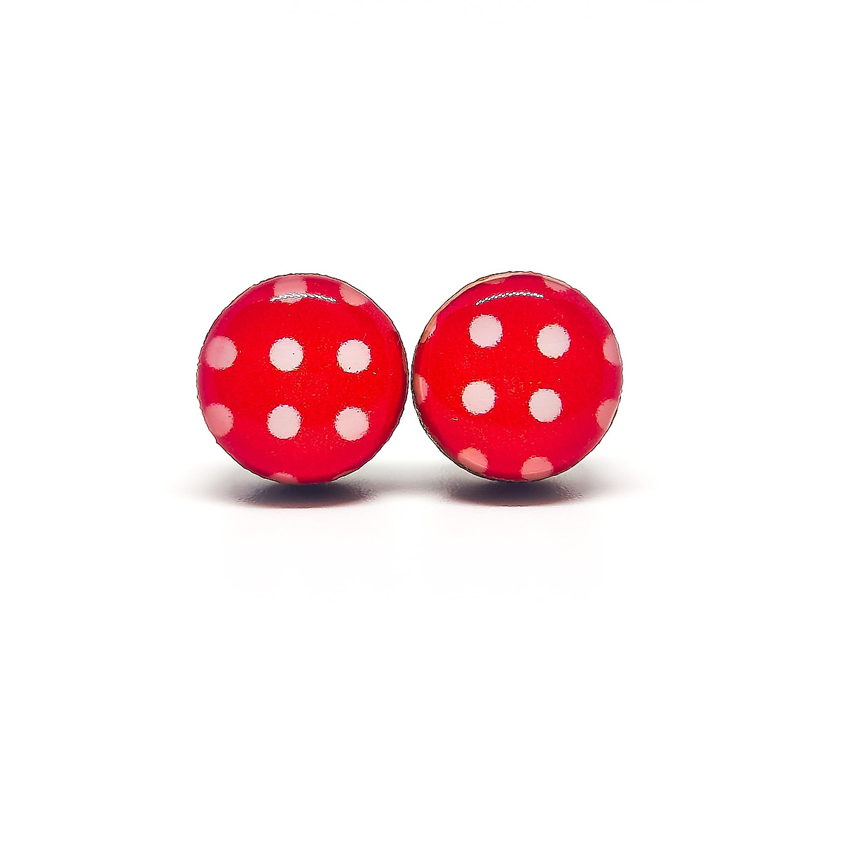 Stud Earrings, Polka Dot, 10 mm, Handmade, Stainless Steel Posts for Sensitive Ears Retro Studs for Women Men Girls (Red and White Polka Dots)