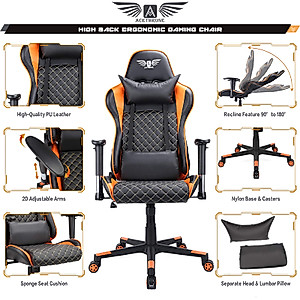 Acethrone Gaming Chair High Back Computer Chair Soft PU leather office Desk Chair Racing Executive Ergonomic Adjustable Swivel Task Chair Reclining with Headrest and Lumbar Support for Adults (Orange)