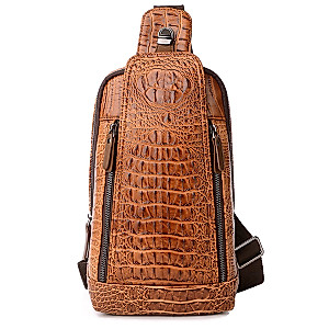 FiveloveTwo Mens Sling Bags Crocodile PU Leather Multipurpose Outdoor Shoulder Chest Bag Satchels Hiking Daypack Brown