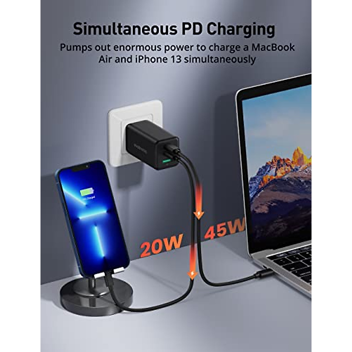 USB C Charger, Evatronic 65W 3-Port GaN Wall Charger PPS PD3.0 QC3.0 Fast Charging Adapter with 2 USB-C Ports + 1 USB-A Port Foldable Plug for MacBook Pro Air iPad Pro Air iPhone 14 13 12 Pro Max Mini