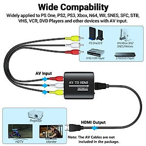 GINGIN RCA to HDMI,AV to HDMI Converter,Composite to HDMI Converter Compatible with WII,PS One,PS2,PS3,STB,Xbox,VHS,VCR,Blue-Ray DVD,with 3.3ft HDMI Cable