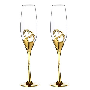Wedding Champagne Glass Set Gold Toasting Flute Glasses Deluxe Pack of 2 with Rhinestone Rimmed Hearts Decoration for Wedding, Anniversary and Special Occasions