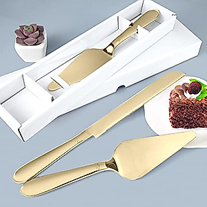 Cake Cutting Set for Wedding, Elegant Cake Knife and Server Set with Thickened Stainless Steel and Rounded Edges, Cake Cutter and Pie Spatula for Birthday Anniversary Christmas Gift Set of 2, Gold