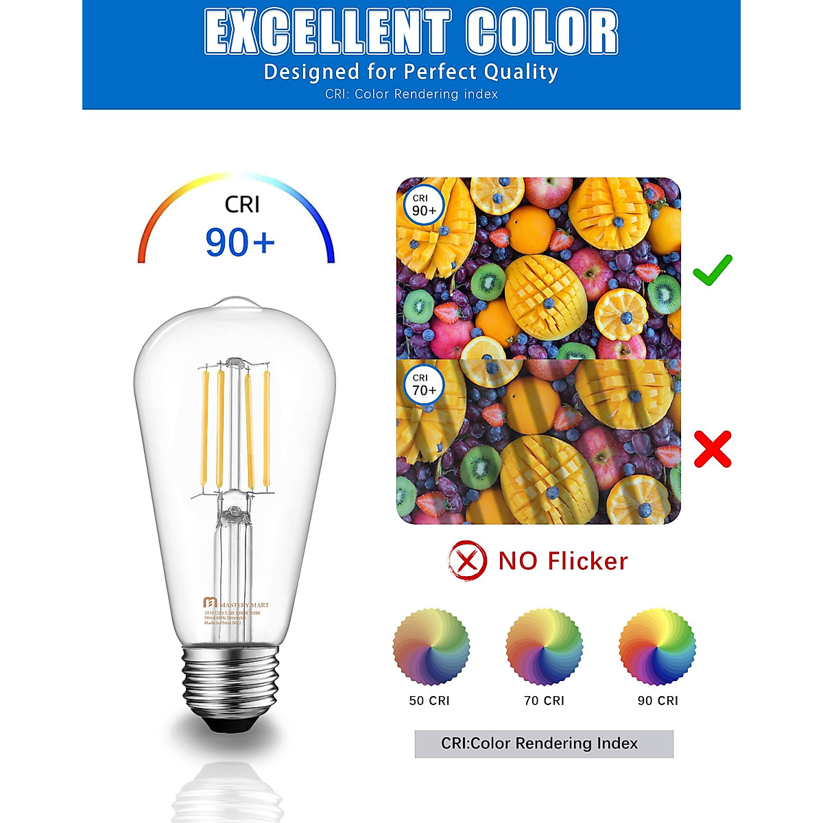 MASTERY MART 10 Pack Vintage LED Edison Bulbs, E26 Led Bulb 5.5W Equivalent to 60W, Dimmable, 4000K Cool White, High Brightness ST58 Antique LED Filament Bulbs, Clear Glass