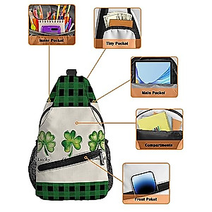Sling Backpack, St. Patrick's Day Lucky Shamrock Black and Green Buffalo Plaid Waterproof Lightweight Small Sling Bag, Travel Chest Bag Crossbody Shoulder Bag Hiking Daypack for Women Men