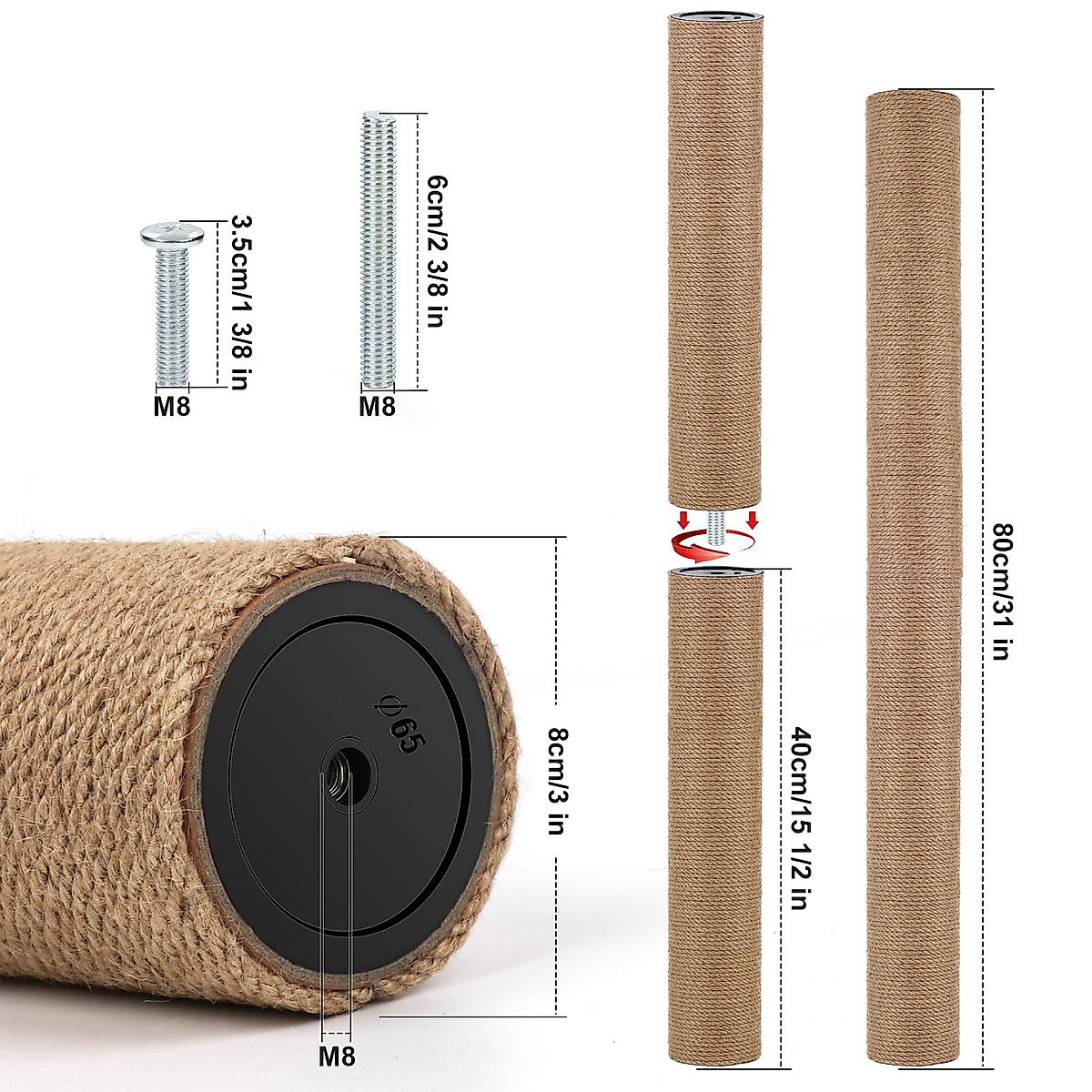 PETUOL 4 PCS M8 Cat Scratching Post Replacement, 15.7 x 3.1 Inches Cat Tree Replacement Post Jute Pole for Indoor Cats with M8 Screws, for Kitten Tree Tower Spare Cat Furniture Accessories