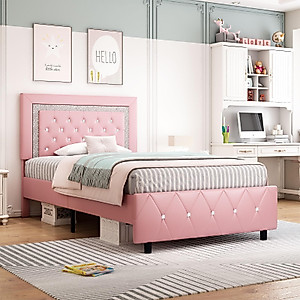 Twin Bed Frame, Upholstered Platform Bed with Diamond Button Tufted Headboard, Girls Twin Bed Fame, Princess Bed Frame with Crystal Tufted Headboard, Wooden Slats Support, Easy Assembly, Pink