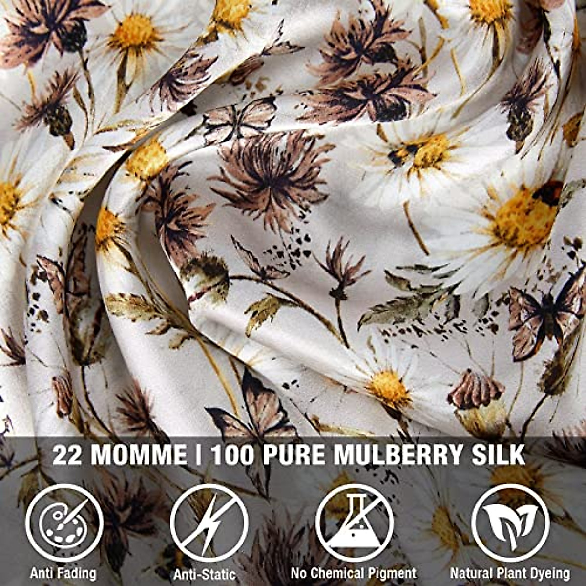 FELYSIK Butterfly Floral Silk Pillowcase for Hair and Skin Standard 20"x26", 22 Momme Mulberry Silk Khaki Flower Print Pillow Cases with Zipper