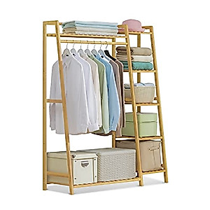 MoNiBloom Bamboo Garment Rack with 5-Tier Storage Shelves Trapezoid Multi-Functional Garment Rack, Clothes Hanging Rack Stand for Bedroom Living Room, Natural