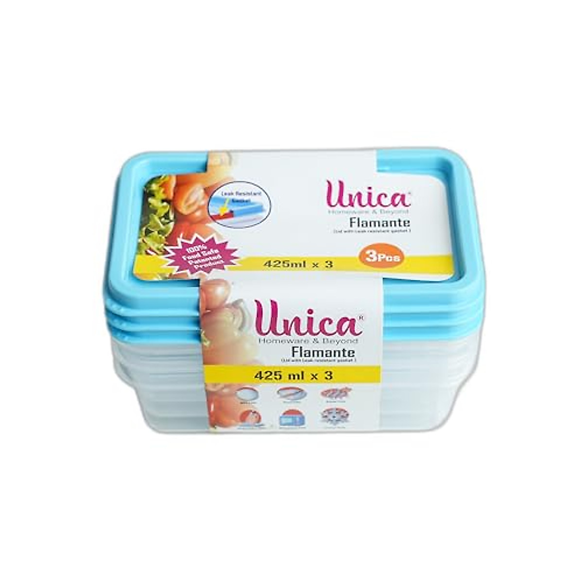 Unica Food Storage Container with Airtight Lid, Stackable Storage Boxes for Cereal, Snacks, BPA-Free, Microwave, Dishwasher & Freezer Safe, Set of 3, Blue, 14 oz, 3.72x3.72x2.04 in
