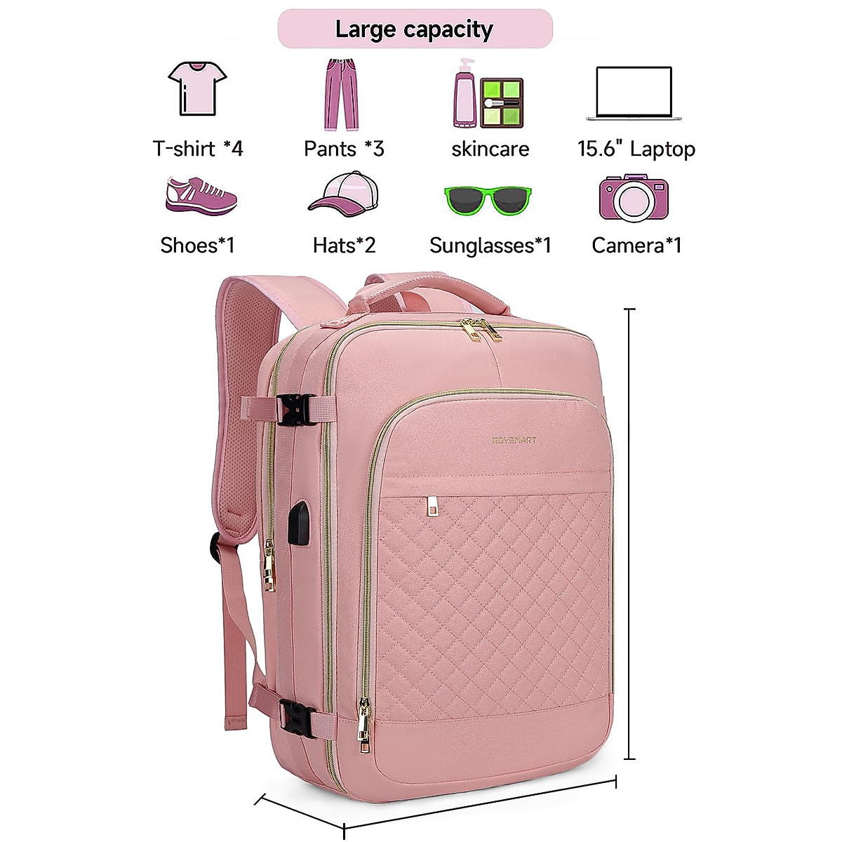 Roysmart Travel Backpack for Women, Carry on Suitcase Bag Personal Item Bag for Airlines, Outdoor Waterproof Hiking Backpack, Sports Rucksack Dasual Daypack-Pink