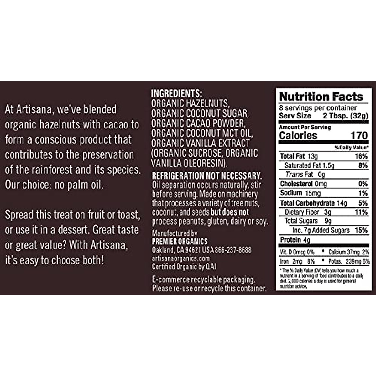 Artisana Organics Hazelnut Cacao Spread, 9.5 oz | No Palm Oil, Sweetened with Coconut Sugar