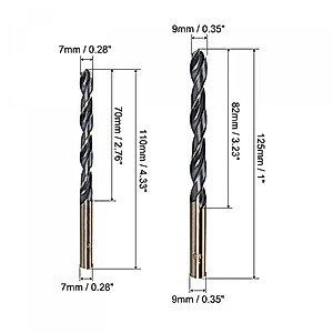 uxcell Drill Bits Set 7mm 9mm, Titanium Nitride Coated High Speed Steel 4341 Straight Round Shank Drilling Cutter for Stainless Steel Alloy Copper, 4pcs