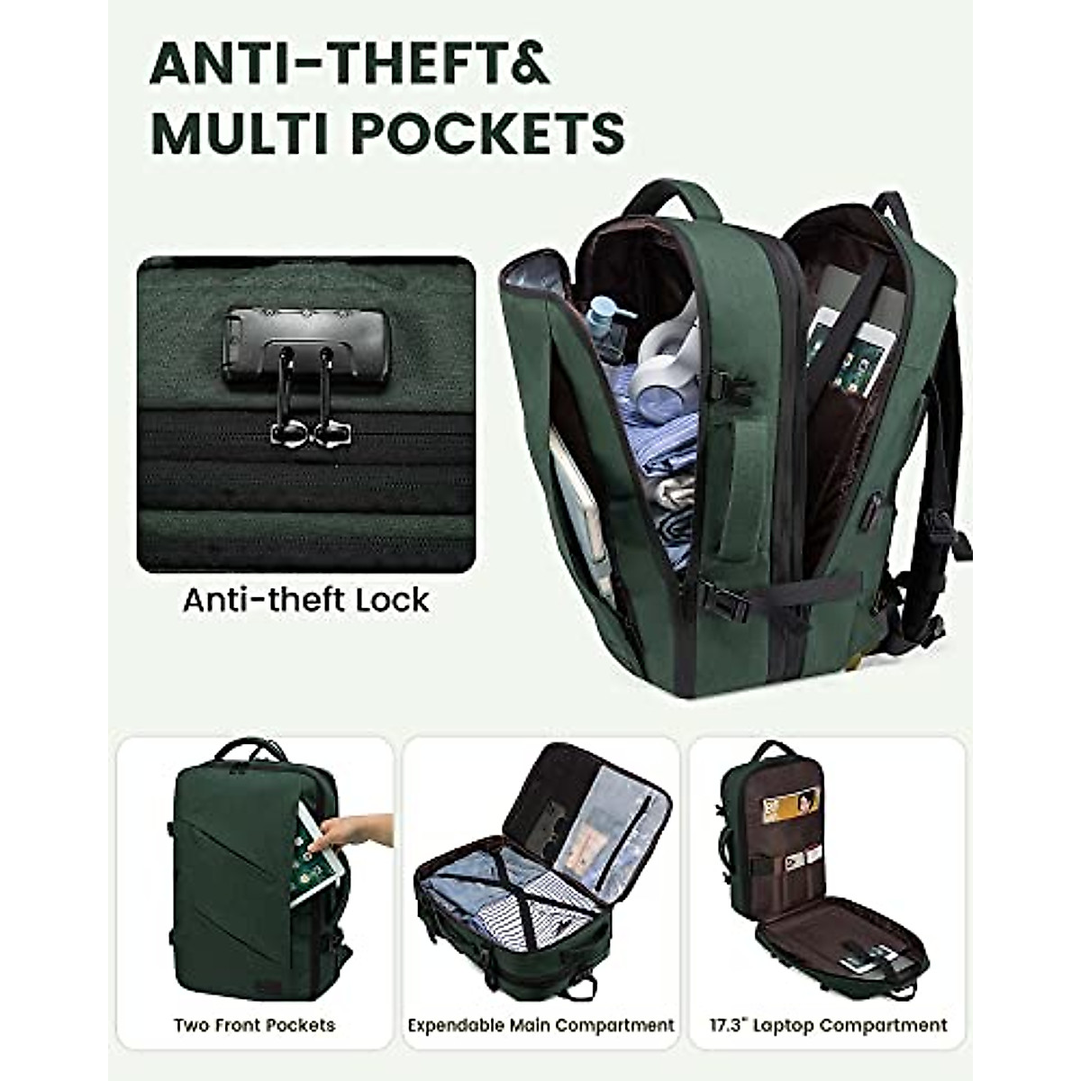 LOVEVOOK Travel Backpack, Extra Large 30-40L Expandable Carry on Backpack Airline Approved, Anti-Theft Waterproof Backpack for Travel, 17 Inch Laptop Backpack with USB Port for Men & Women, Dark Green