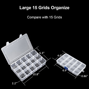 Snowkingdom 2 Pack Large 15 Grid Clear Organizer Box Adjustable Dividers - Plastic Compartment Storage Container for Washi Tapes, Craft, Beads, Jewelry, Small Parts