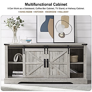 OKD Farmhouse Coffee Bar Cabinet, 58 Inch Buffet Sideboard Cabinet w/Sliding Barn Door, Adjustable Storage Shelves, Rustic Kitchen Storage Pantry for Dining Room, Living Room, Light Rustic Oak