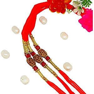 ZYRENA Set of 3 OM Rakhi for Brother Bhaiya Bhabhi, Gift Rakhi for Family, Raksha Bandhan Festival Rakhi for Bhaiya and Bhabhi, Oval Om Pendant with Rudraksha and Golden Beads Rakhi Thread