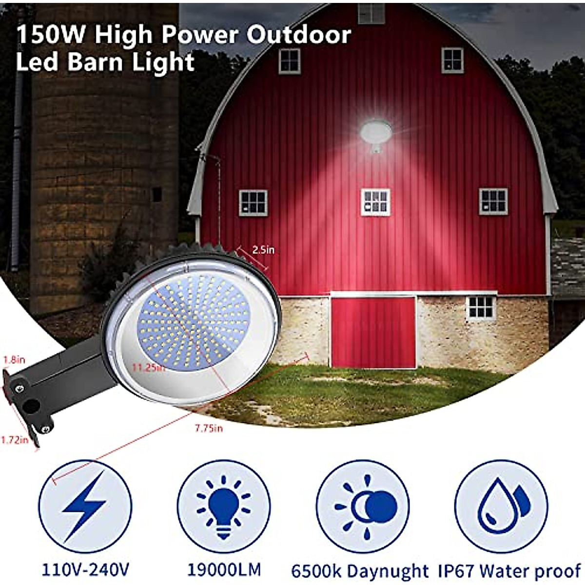 Vicalo 150W Outdoor Led Barn Light, Dusk to Dawn Photocell Led Garage Light 19,000LM 6500K Daylight White,IP67 Waterproof Area Light, Security Light/Flood Light/Yard Light/LED Parking Lot Light