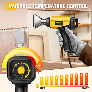SEEKONE 1800W Heat Gun Compact Design Heavy Duty Hot Air Gun 122℉~1202℉（50℃- 650℃）Variable Temperature Control for 2 Speed Settings with 4 Nozzels for Crafts, Vinyl Wrap, Shrink Tubing