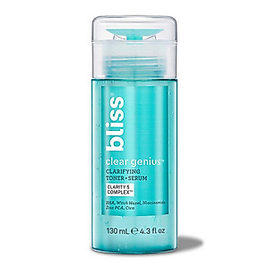 Bliss Clear Genius Clarifying Toner + Serum - 4.3 Fl Oz - Purifies Pores, Tones, Calms & Clears Skin - Salicylic Acid, Niacinamide & Witch Hazel - Clean Paraben Free - Vegan & Cruelty-Free