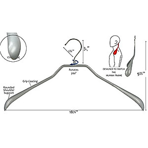 Mawa by Reston Lloyd BodyForm Series Non-Slip Space-Saving Extra Wide Clothes Hanger For Jackets, Suits & Coats, Style 46/L , Set of 6, Silver