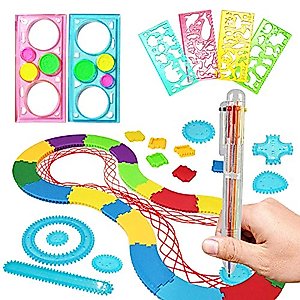 MIMIDOU Spiral Designer Freestyle Design Deluxe Kit, kids drawing aid art design stencil set include multicolored gel pen, spiral shapes and geometric templates 17 pcs.
