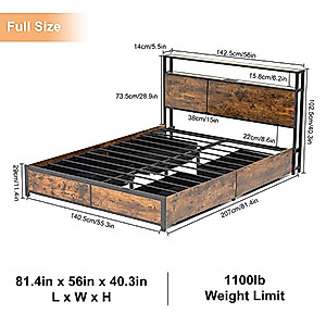 Squireewo Full Bed Frame with Charging Station & Led Lights, Platform Metal Bed Frame with 4 Storage Drawers and Headboard, No Box Spring Needed, Easy Assembly, Noise-Free,Rustic Brown