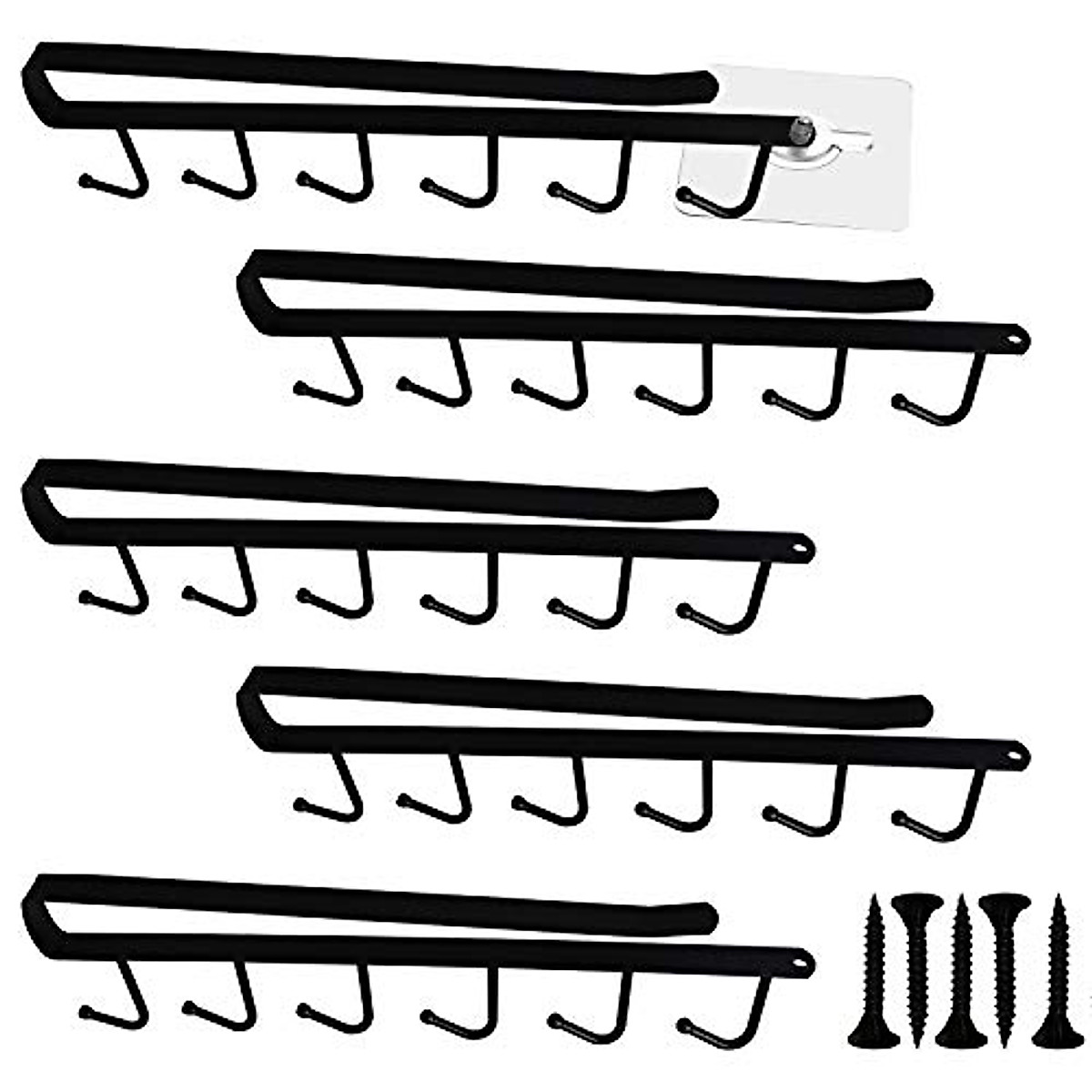 Evadow 5Pack 6-Hook Under Cabinet Mug Hook, Metal Iron Kitchen Storage Utensil Hooks with Free Nails and Screws, Black Wall Organizer Shelf Rack for Mugs, Cups, Teapot and Kitchen Utensils Display
