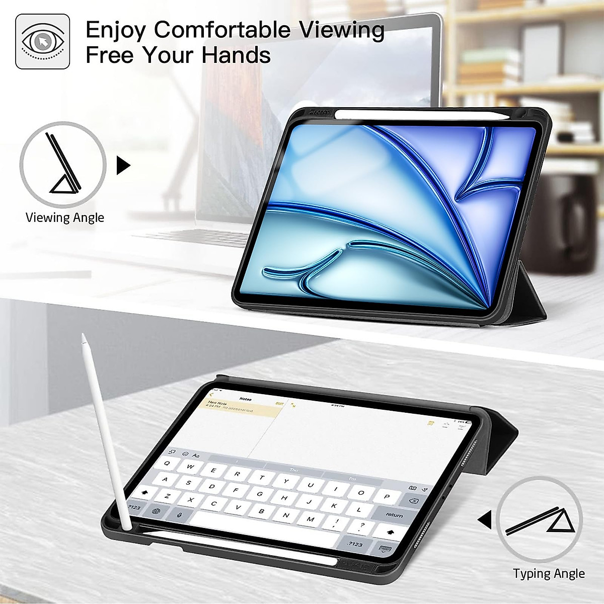 ZtotopCases for iPad Air 6th Generation 11 Inch Case M2 2024 & iPad Air 5th/4th Gen 10.9 Inch 2022/2020 & iPad Pro 11" 2018 1st with Pencil Holder, Soft TPU Back Slim Trifold Smart Cover, Black