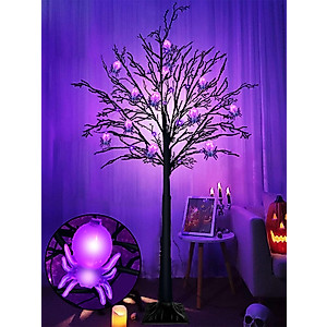 [Timer] 6 Ft Tall Halloween Tree Decorations Black Spooky Tree with 96 LED Purple Lightes and 24 DIY Bats Ornaments Artificial Tree Halloween Decor for Outdoor Indoor Home(4 Ground Stake/Adapter)