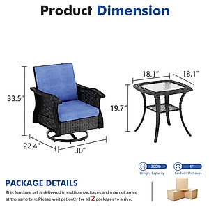 KICOFI Manual Weaving Wicker Patio Furniture Set 3 Pieces, Outdoor Swivel Rocking Chairs with Side Table, Patio Conversation Set with Comfy Cushions for Backyard, Garden, Balcony, Poolside Denim Blue