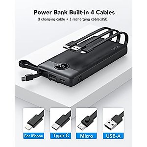 Portable Charger with Built in Cables,VRURC 10000mAh Ultra Slim USB C Power Bank,5 Output 2 Input LED Display External Battery Pack Phone Charger Compatible with Smart Devices and Cell Phones(1 Pack)
