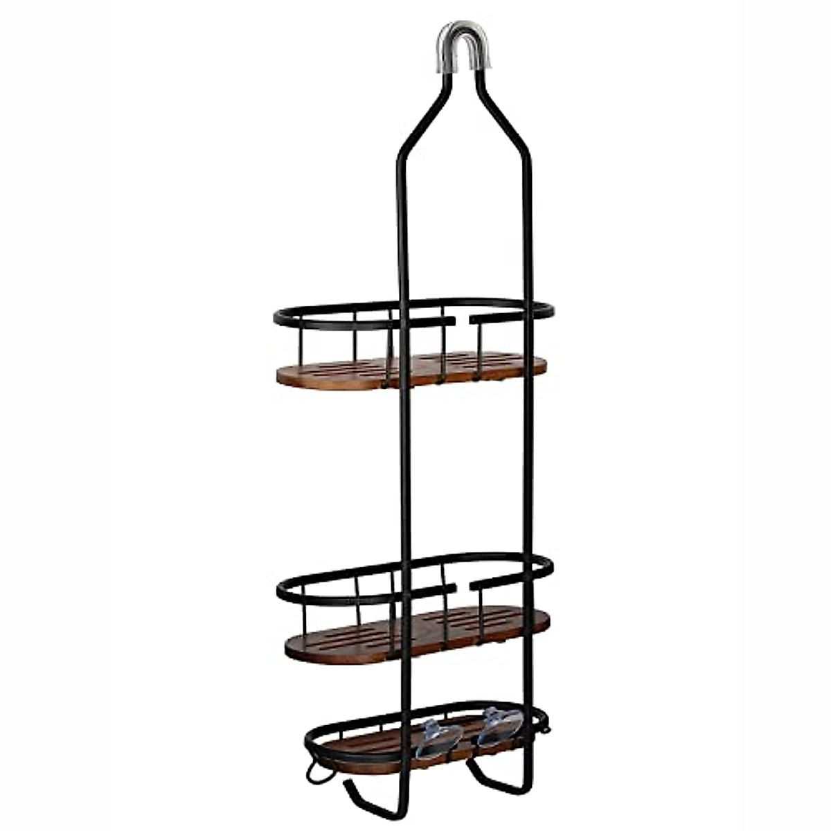 Utopia Alley Tia Rustproof Teak Overhead Shower Caddy with 3 Shelves - Decorative Shower Rack for Shampoo & Toiletries Storage, Hanging Shower Head Organizer - Black Finish