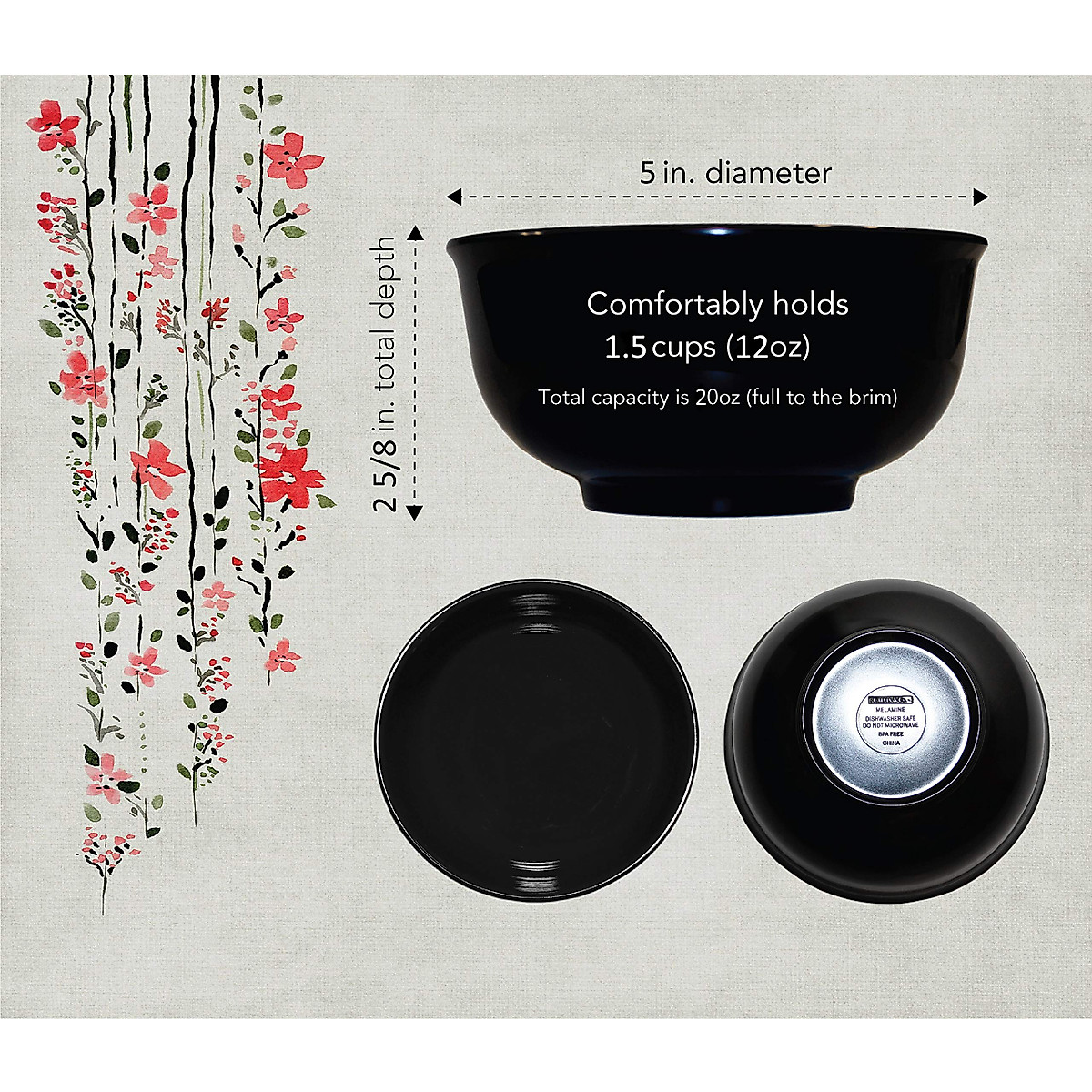 Calvin & Co Set of 4 Melamine Miso Soup Cereal Bowls and Spoons (Black, Small)