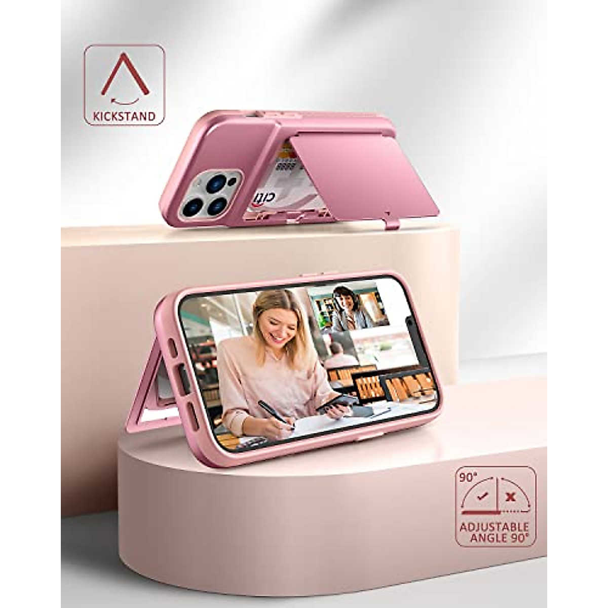 WeLoveCase for iPhone 13 Pro Wallet Case for Women with Credit Card Holder & Hidden Mirror, Two Layer Shockproof Heavy Duty Protection Cover Protective Case for iPhone 13 Pro - 6.1 Inch Rose Gold