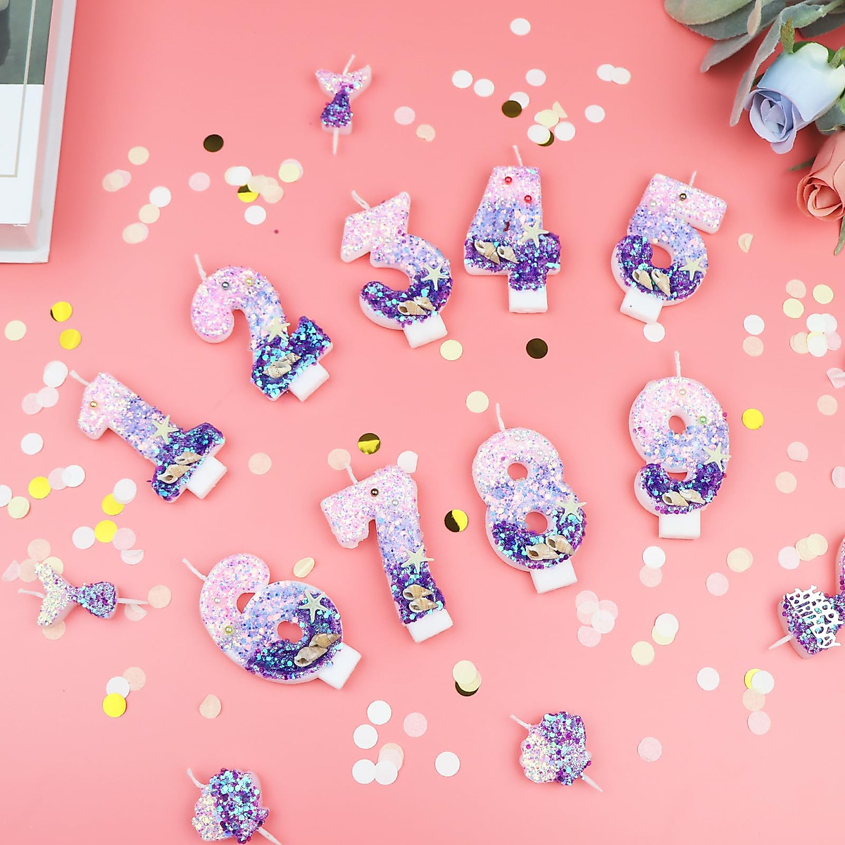 QEEYON 6Pcs Birthday Candles 2.5 inch Mermaid Theme Birthday Cake Candles 1Pcs Number 4 Candle 3Pcs Mermaid Tail Candles 2Pcs Shell Candles for Mermaid Party Birthday Cake Topper Decor