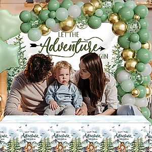 Adventure Awaits Baby Shower Decorations Let The Adventure Begin Backdrop Banner,Tablecloth,Sage Green Balloon Garland for Travel Themed Forest Mountains Woodland Animals Birthday Party Supplies Decor