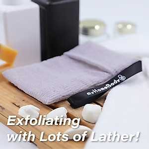 myHomeBody Soap Pocket Exfoliating Soap Saver Pouch, Body Scrubber Sponge, Exfoliator for Bath or Shower, for Large Bar Soap or Leftover Bits, White Smoke, 2 Pack + 2 Soap Lifting Pads