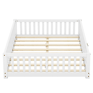 CITYLIGHT Full Size Floor Bed with Rails, Wood Montessori Floor Bed Full with Support Slats, Kids Full Bed Frame with Door Design for Boys,Girls, White