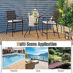 Giantex 3 Piece Patio Bar Table Set Outdoor Square Bistro Bar Table High Chairs with Cushion Metal Stool All Weather Patio Dining Set Garden Backyard Porch Lawn Poolside (3 Piece Patio Bar Set)