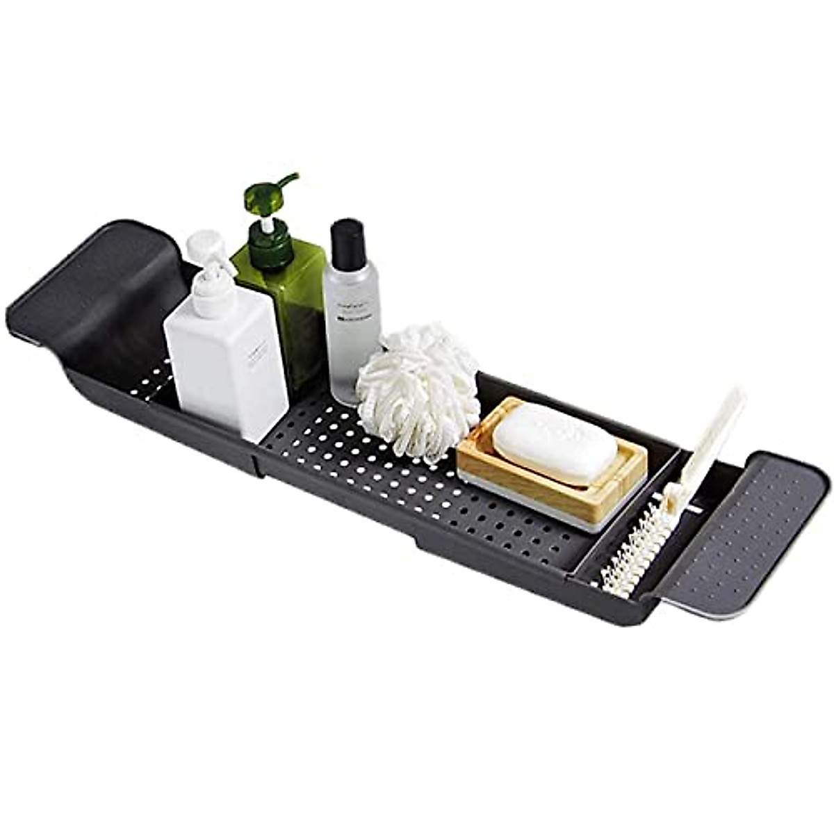 Expandable Bathtub Tray Drain Bath Caddy Tray Retractable Bath Caddy Tray Bathtub Storage Rack with Wine Glass Shelf Book Holder Candlestick Handle Dish Drain Rack