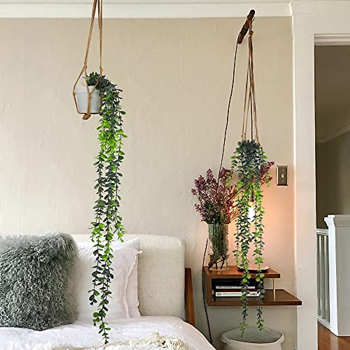 Oxsaytee 2 Pack Fake Hanging Plants with 2 Pcs Plant Hangers Fake Potted Plants for Wall House Home Office Room Patio Indoor Outdoor Aesthetic Decor