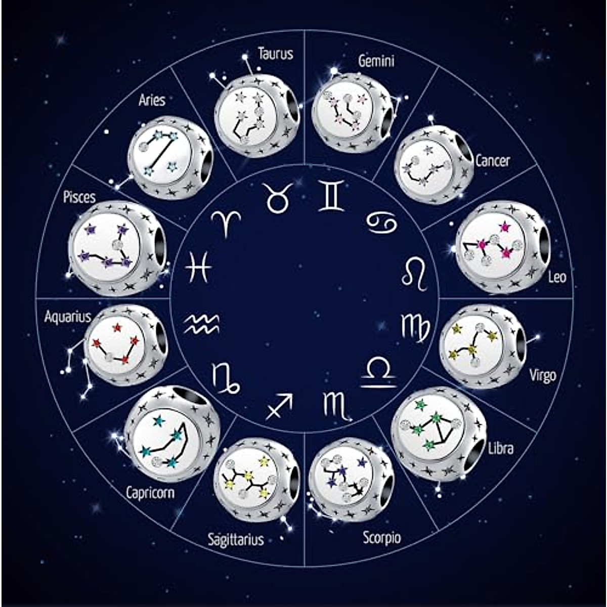 QeenseKc Taurus Horoscope Zodiac Sign Birthday Charm Constellation Clear CZ Astrology Bead for Bracelet Necklace