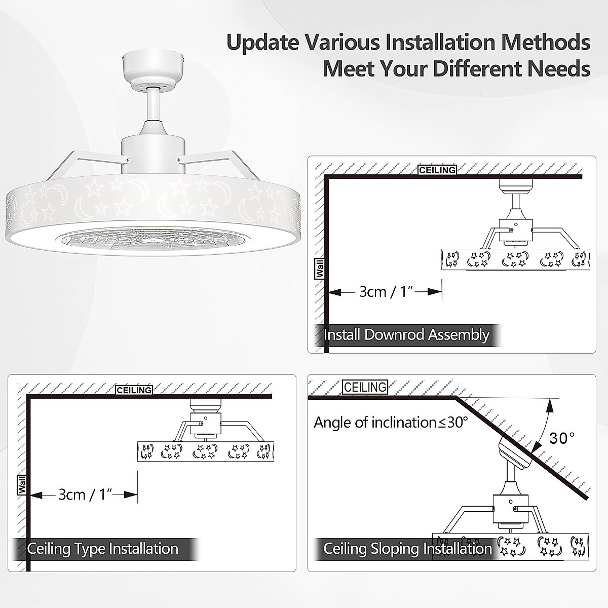 Tangkula 23" Ceiling Fan with Lights, Round LED Ceiling Lighting Fan with Invisible Blades Starry Sky Acrylic Lampshade, Stepless Dimmable with Remote Control, 3 Speed, for Living Room, Bedroom